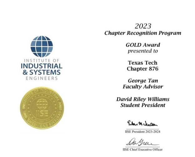 GOLD Award 2023 IISE | IMSE | TTU