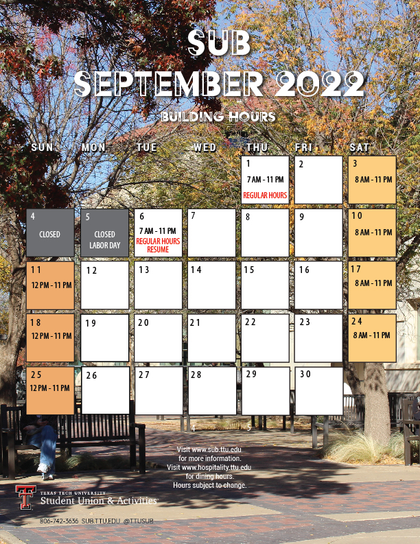 SUB Hours & Map | Student Union & Activities | TTU