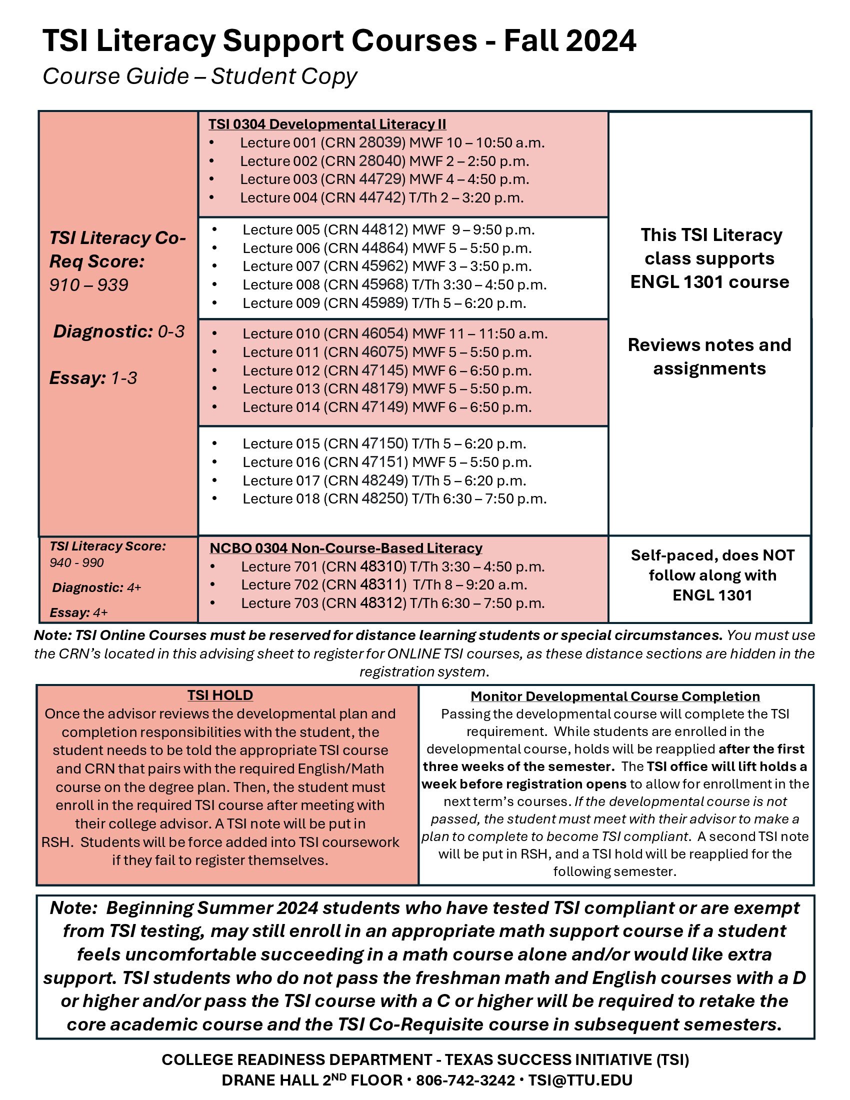TSI Check-In RRO Information | Texas Success Initiative | TTU
